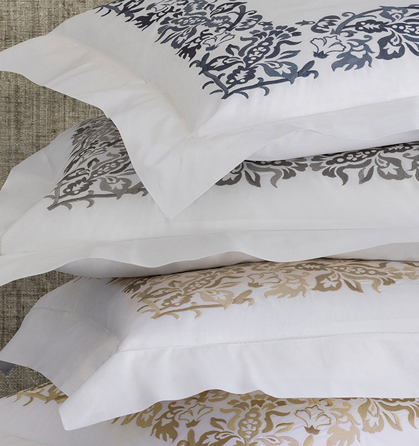 Sferra Saxon embroidered percale sheets and bedding.