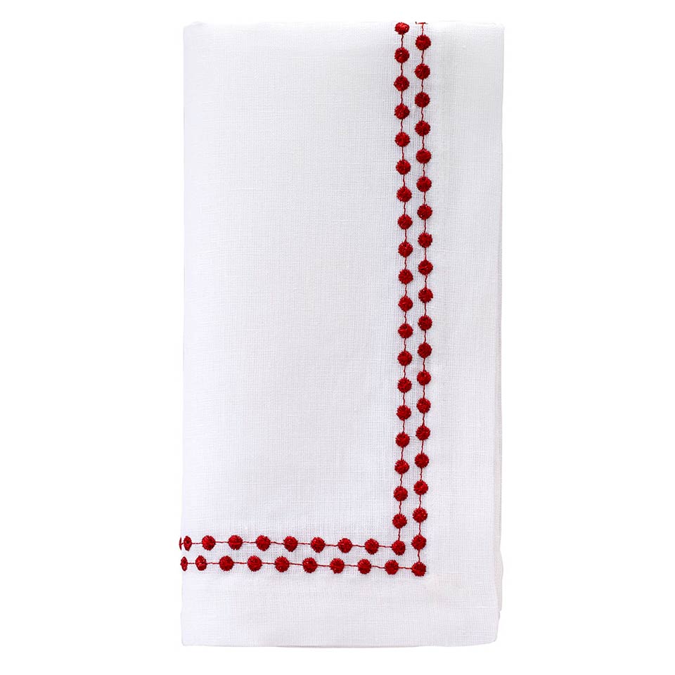 Bodrum Pearls Ruby Red and White Linen Napkins - Set of 4