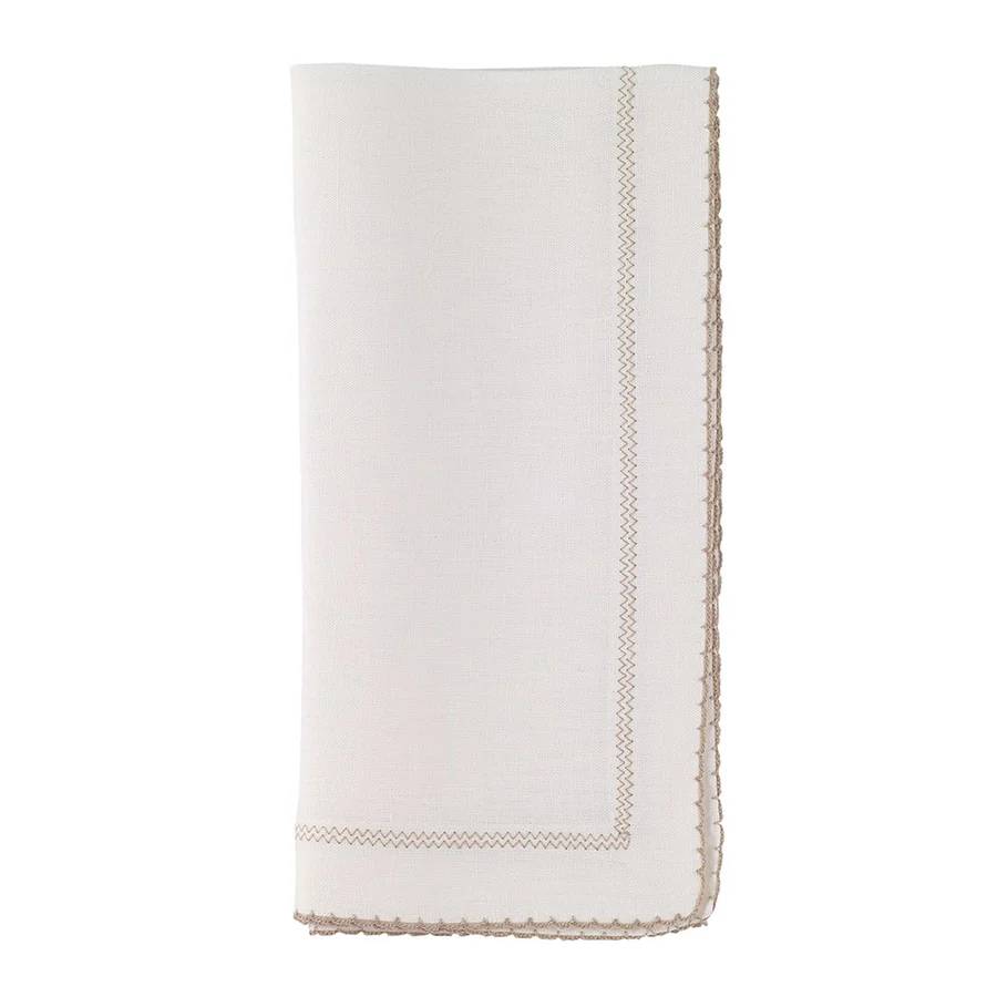 Bodrum Picot Off-White and Beige Linen Napkins - Set of 4