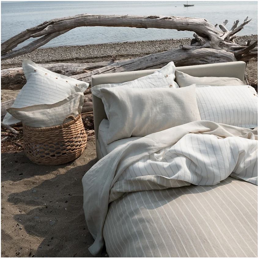Striped Linen Bedding, Tan and White - St Geneve Linea Latte